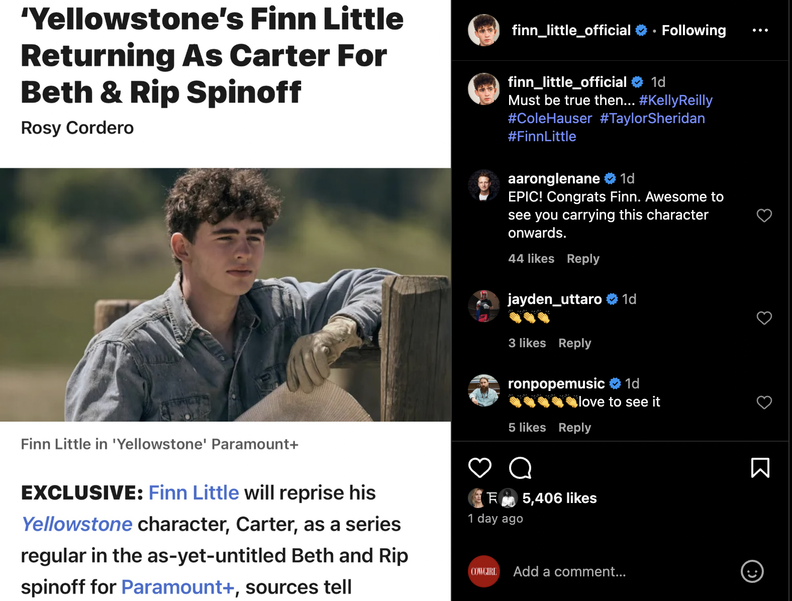 Finn Little Will Return As Carter In Upcoming Yellowstone Spinoff